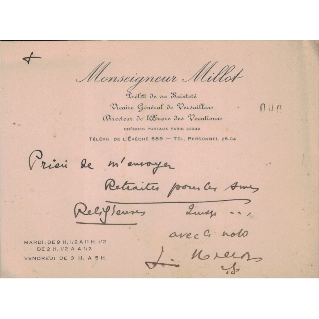 MILLOT Jules (1849-1931) - VICAIRE GENERAL DE VERSAILLES ET ARCHIDIACRE ...